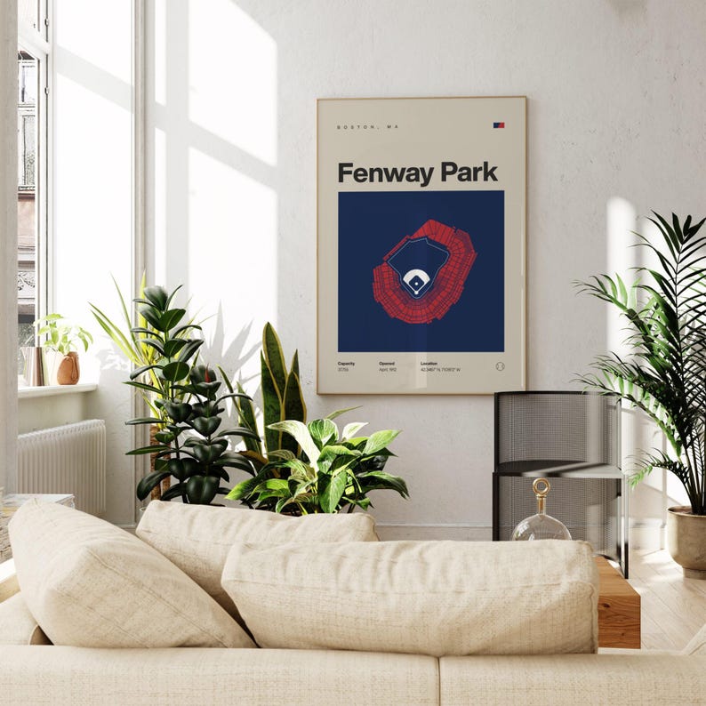 Boston Red Sox Poster, Fenway Park Stadium Print, Mid Century Modern ...