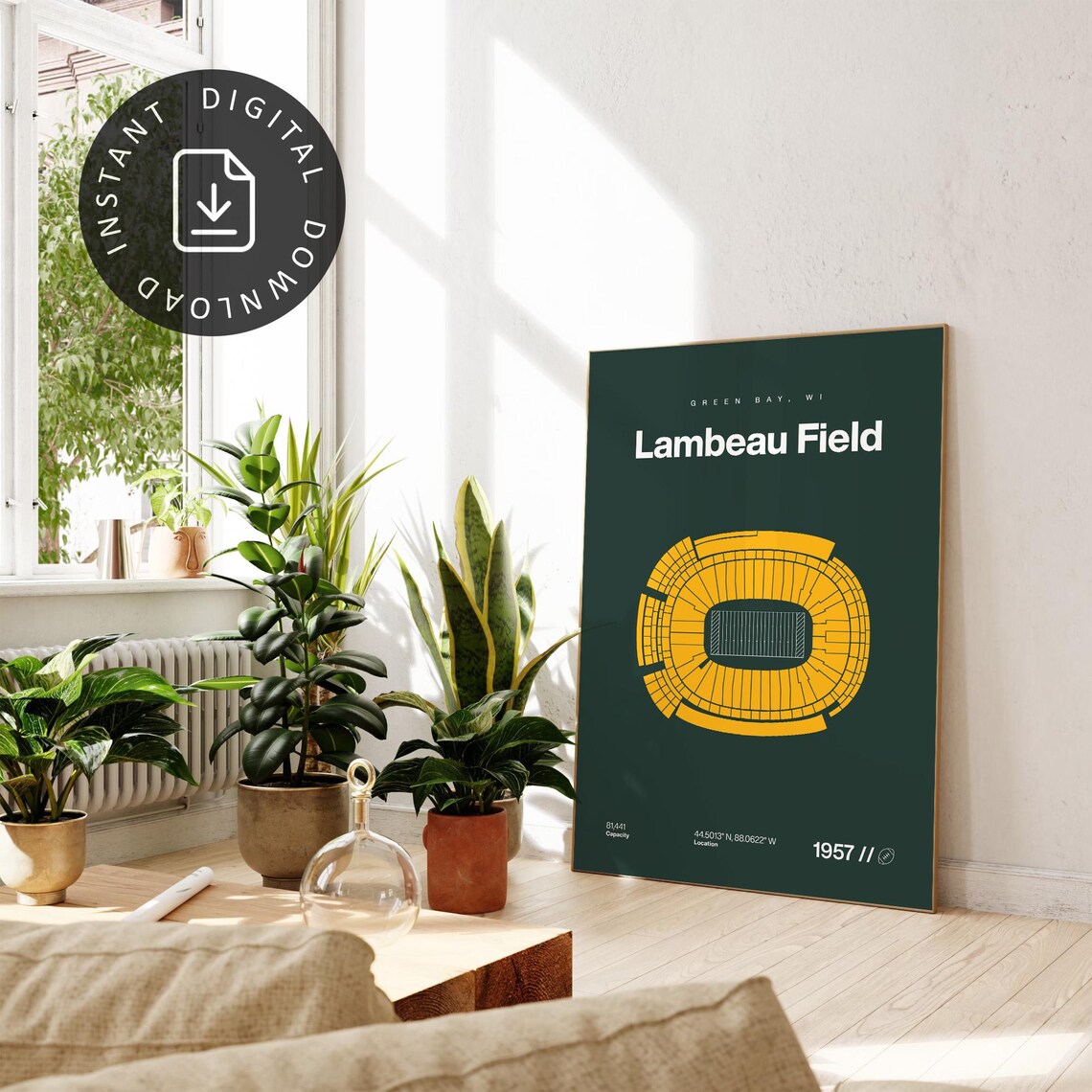 Green Bay Packers Poster, Lambeau Field Stadium Print, Mid Century ...