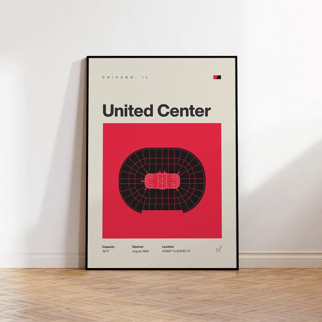 Chicago Blackhawks Poster, United Center Stadium Print, Mid Century ...