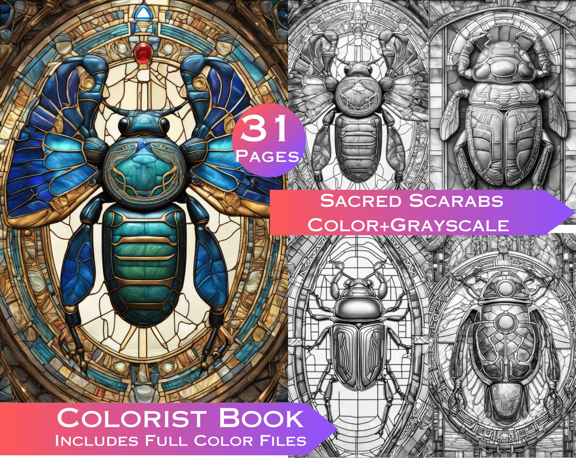 31 Sacred Scarabs Grayscale Coloring Book for Adult - Etsy