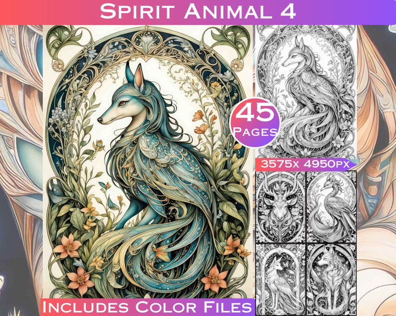 Spirit Animals Coloring Book: Floral Grayscale Illustrations (45 Pages ...