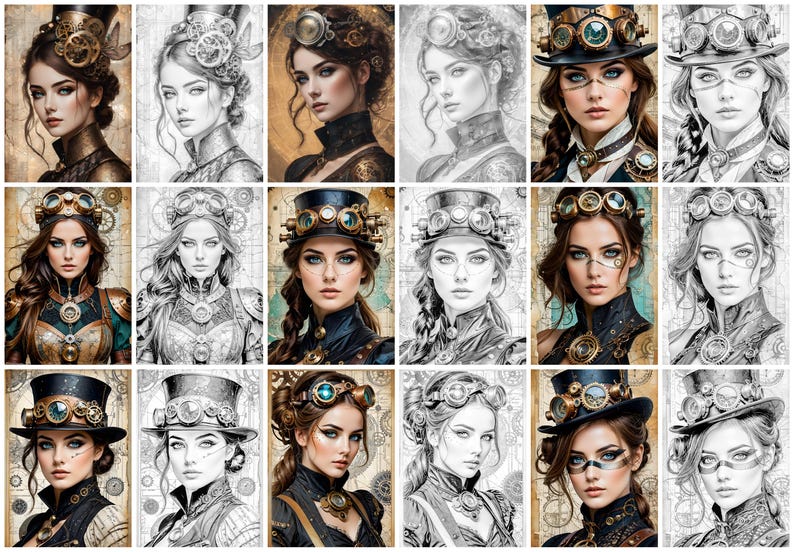 Steampunk Portrait Coloring Book: 36 Grayscale Pages for Adults ...