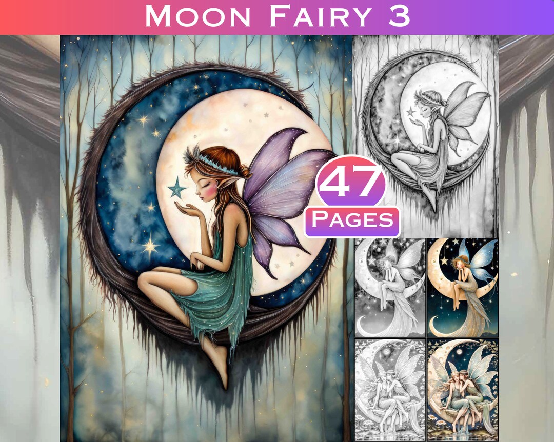 Moon Fairy Grayscale Coloring Book: Fantasy Art, 47 Pages (digital ...