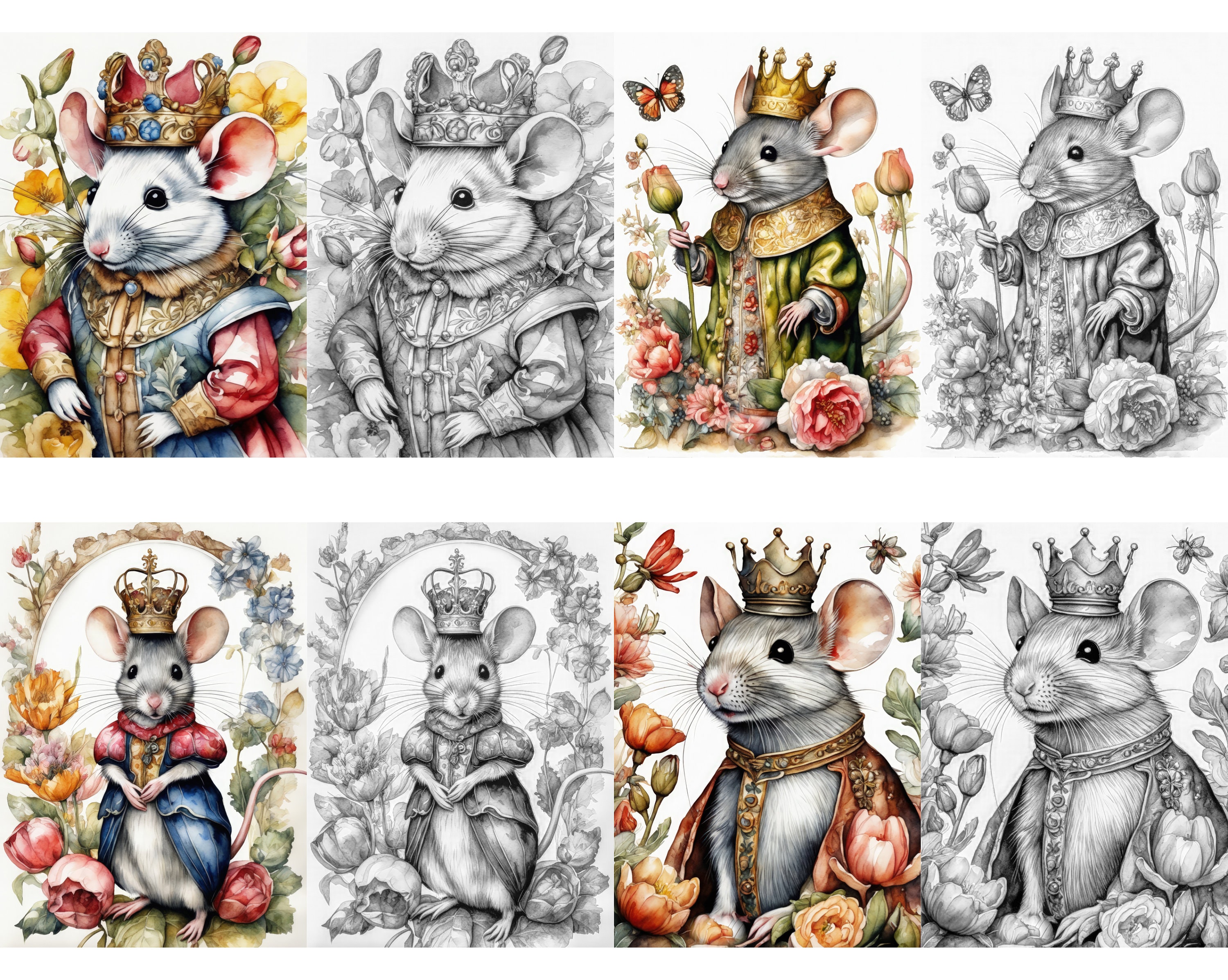 35 Enchanting Royal Mouse Coloring Book Grayscale Pages - Etsy