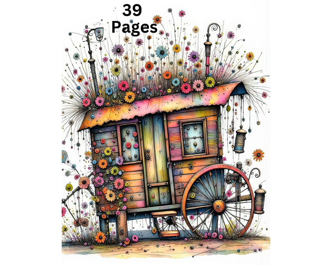Gipsy Caravan Coloring Book, Quirky Adult Art, 39 Pages (PDF) - Etsy