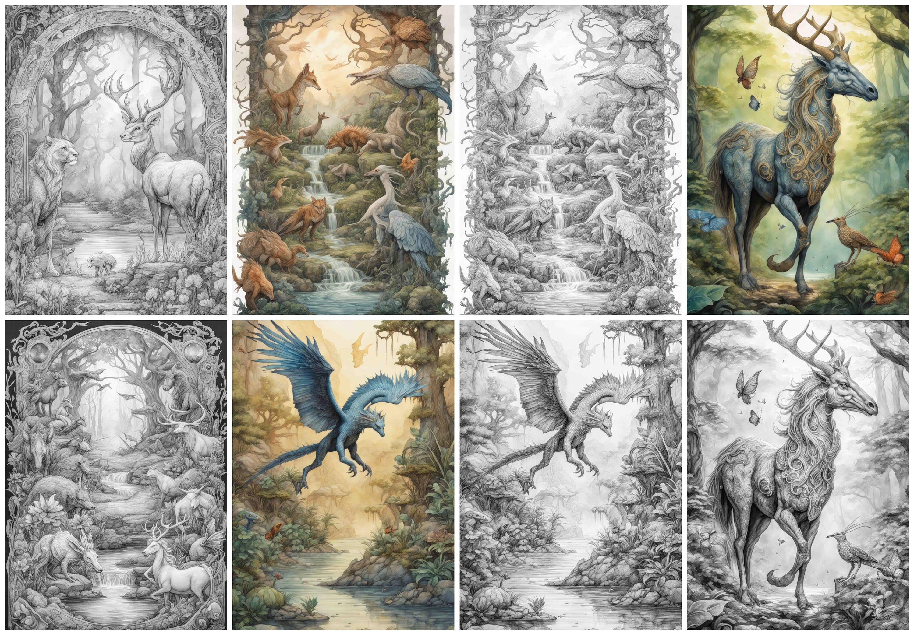 Mystical Animals Grayscale Coloring Book: Fantasy Adult Coloring Pages ...
