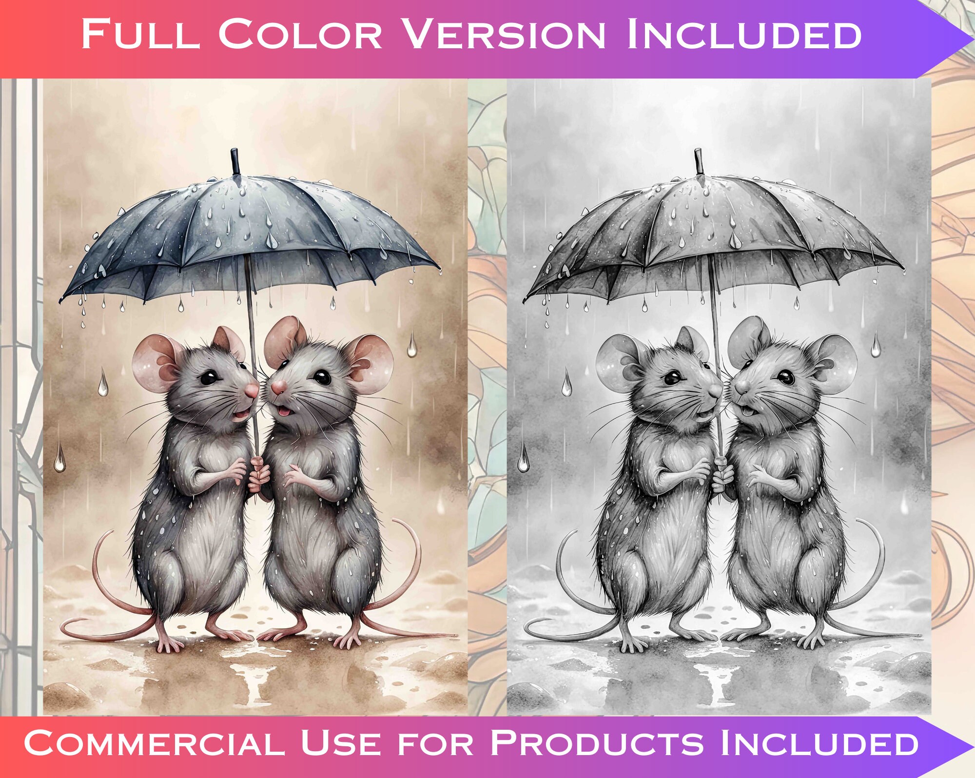 30 Rainy Day Mice With Umbrellas Grey Scale Digital Colouring - Etsy