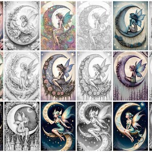 Moon Fairy Mix 3 Grey Scale Digital Colouring Pages. Fantasy Grayscale ...