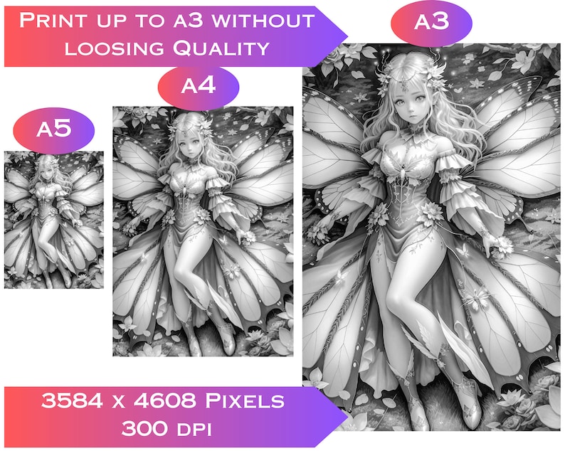 44 Fairies Grayscale Coloring Pages: Commercial Use Printable (instant ...