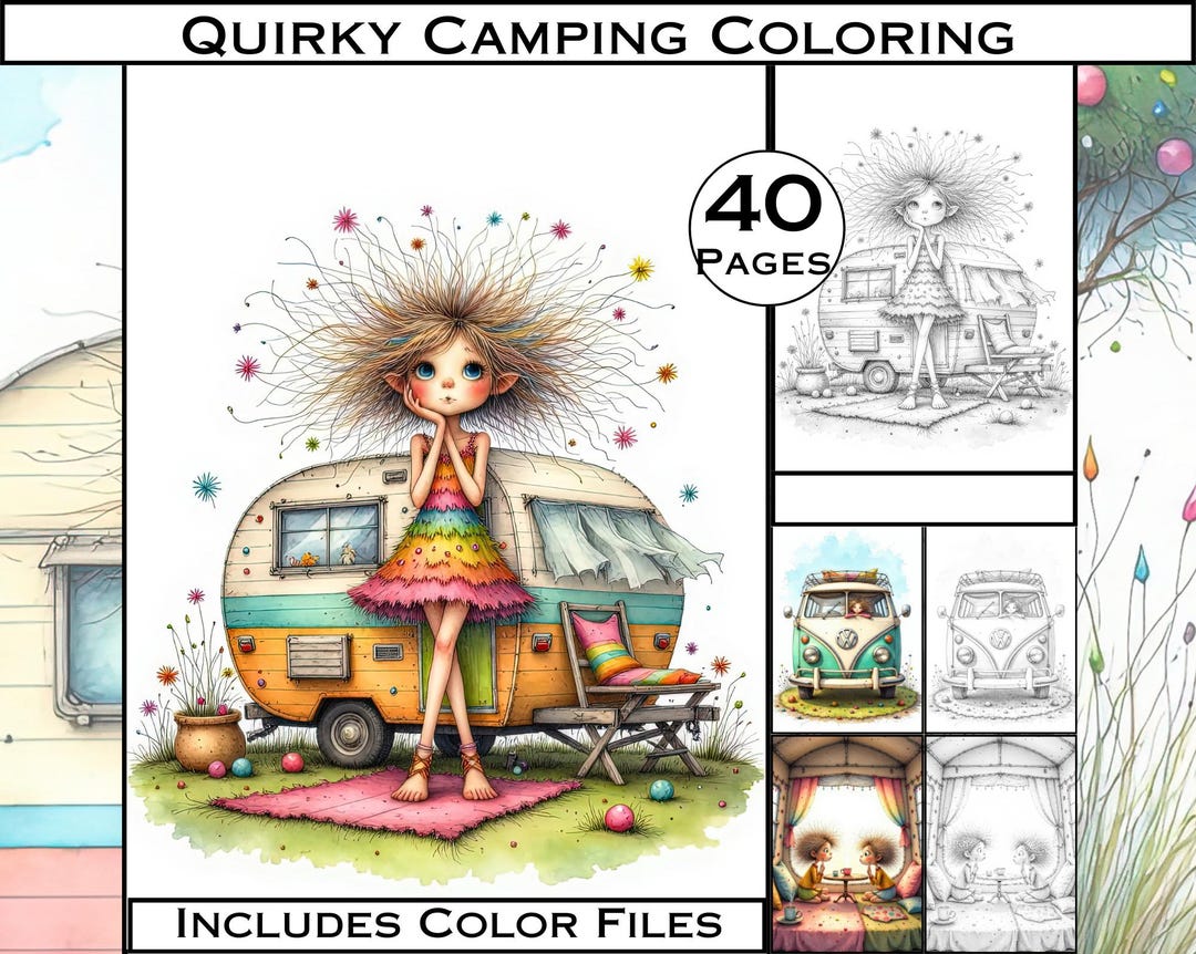Quirky Camping Girl Coloring Book: 40 Grayscale Pages (PDF Digital ...