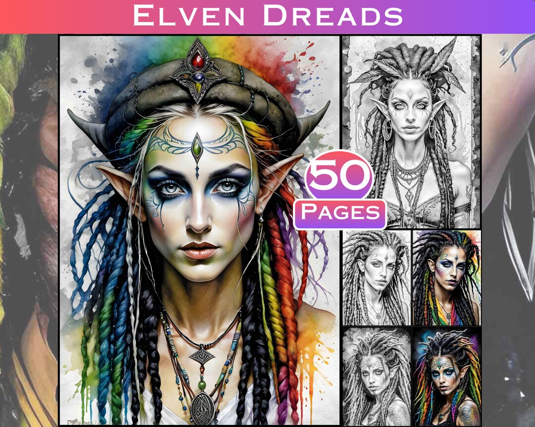Elven Dreads Rasta Portrait. A4/A3 Printable Coloring Page for Adults ...