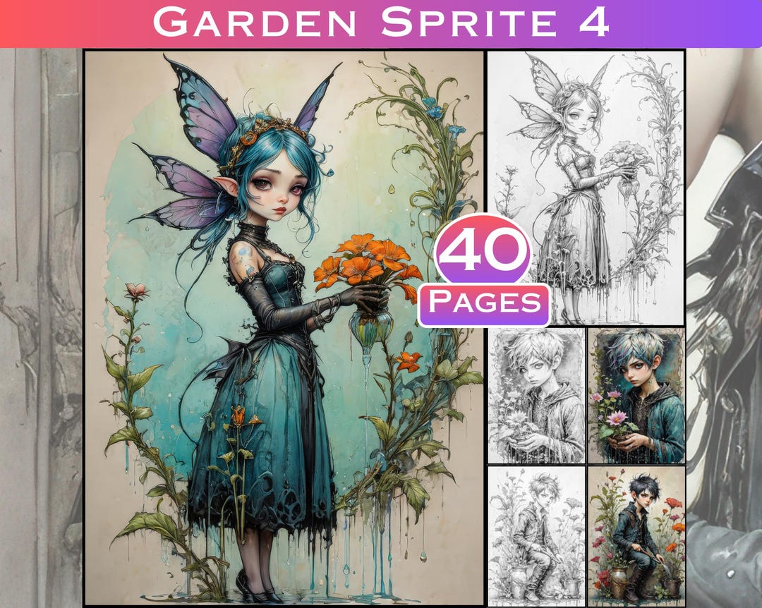 Gothic Fairy Grayscale Coloring Book: 40 Garden Sprite Pages (digital ...