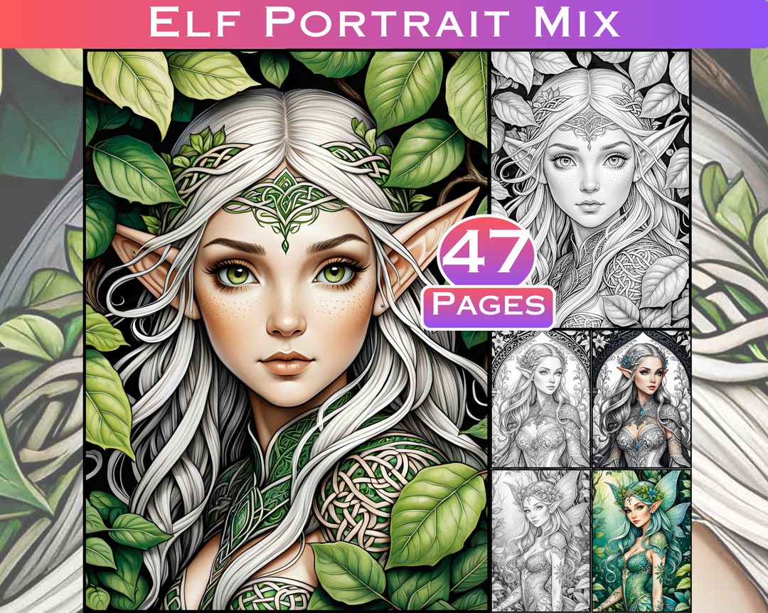Elf Portrait Mix Set 1 Grey-scale Coloring Pages for Adults. Commercial ...