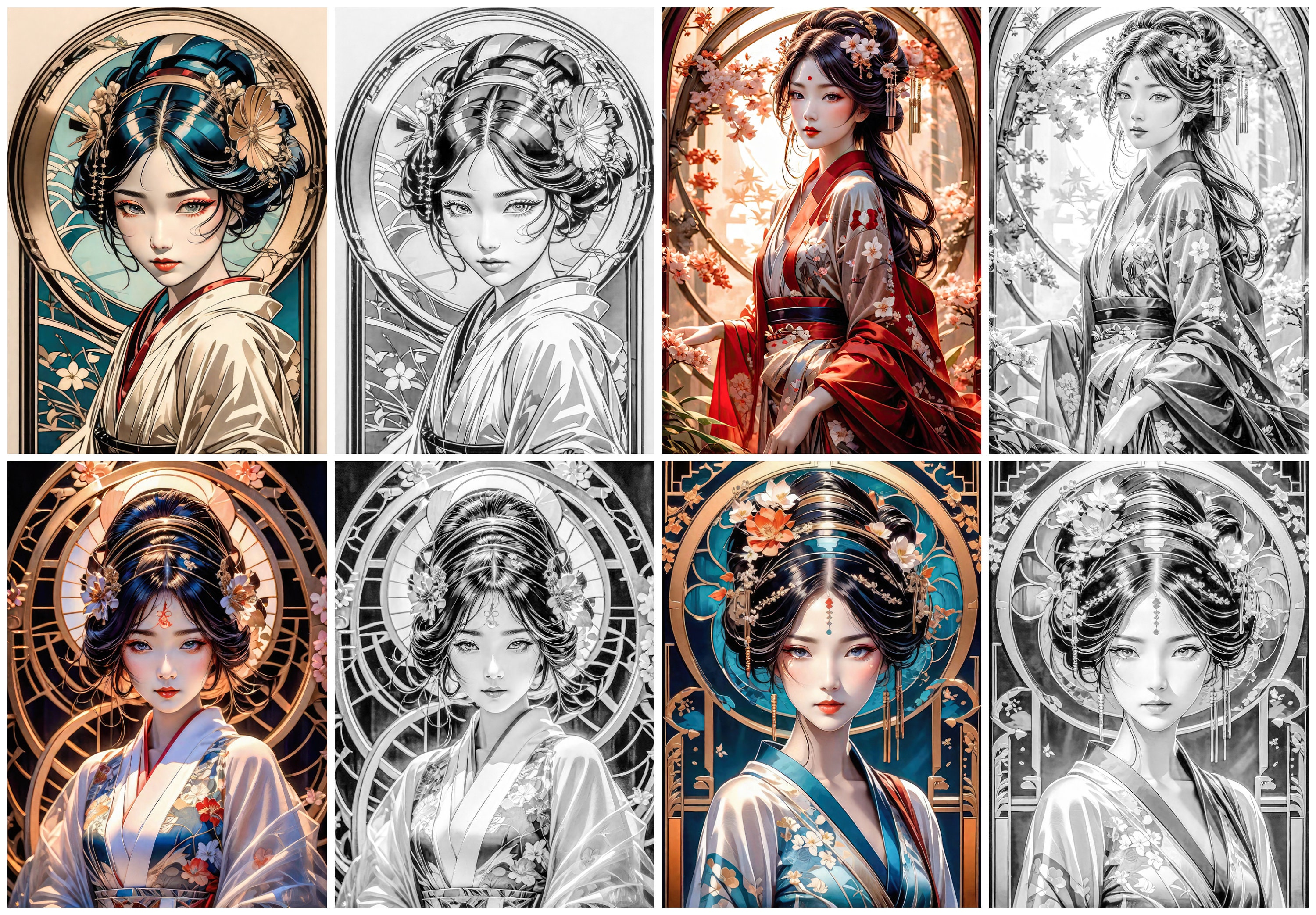 50 Art Nouveau Geisha Grayscale Coloring Pages (digital Download) - Etsy