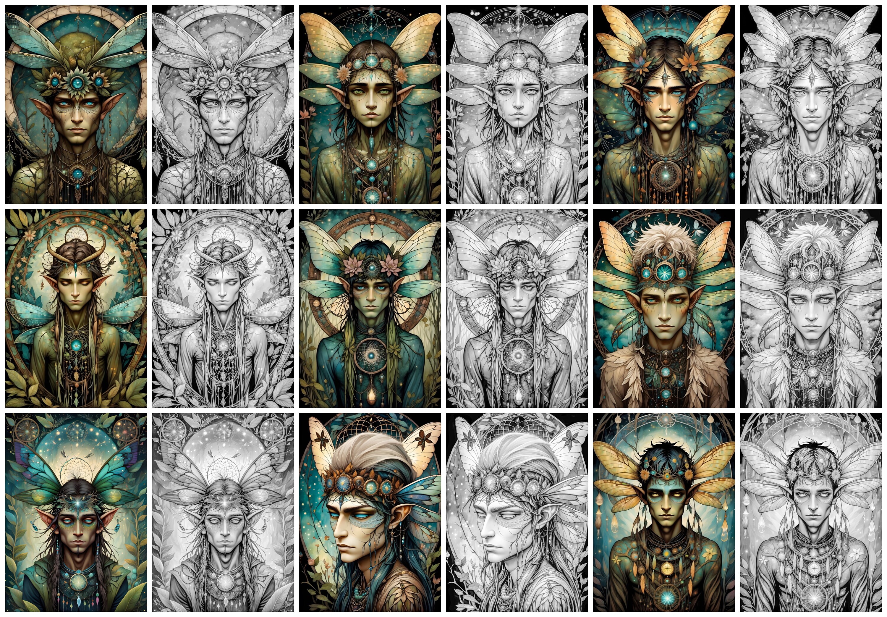 Male Sprite Coloring Book: Elven Fairy Men, Grayscale & Color (digital ...