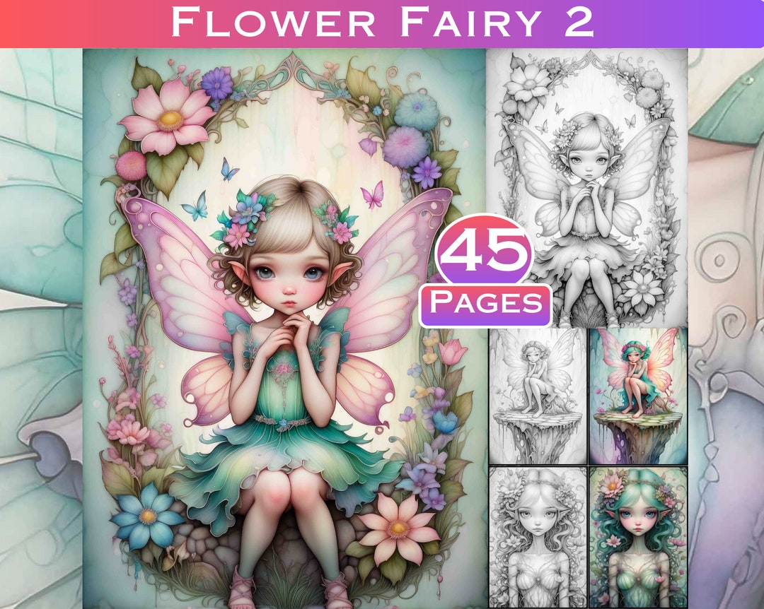 45 Flower Fairy Set 2 Grey Scale Digital Colouring Pages. Fantasy Grayscale Adult Coloring Book ...
