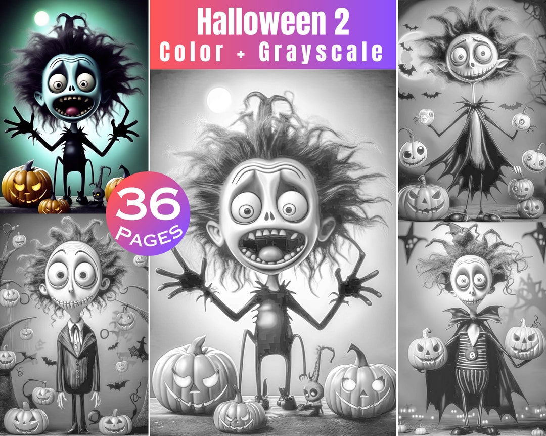36 Tim Burton Halloween Coloring Pages: Full Color & Grayscale (digital ...