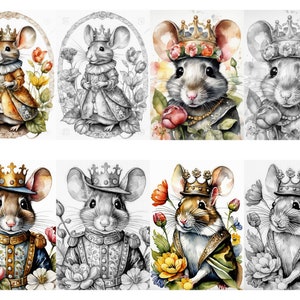 35 Enchanting Royal Mouse Coloring Book - Grayscale Pages, Printable ...