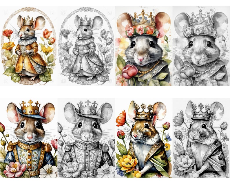 35 Enchanting Royal Mouse Coloring Book Grayscale Pages - Etsy