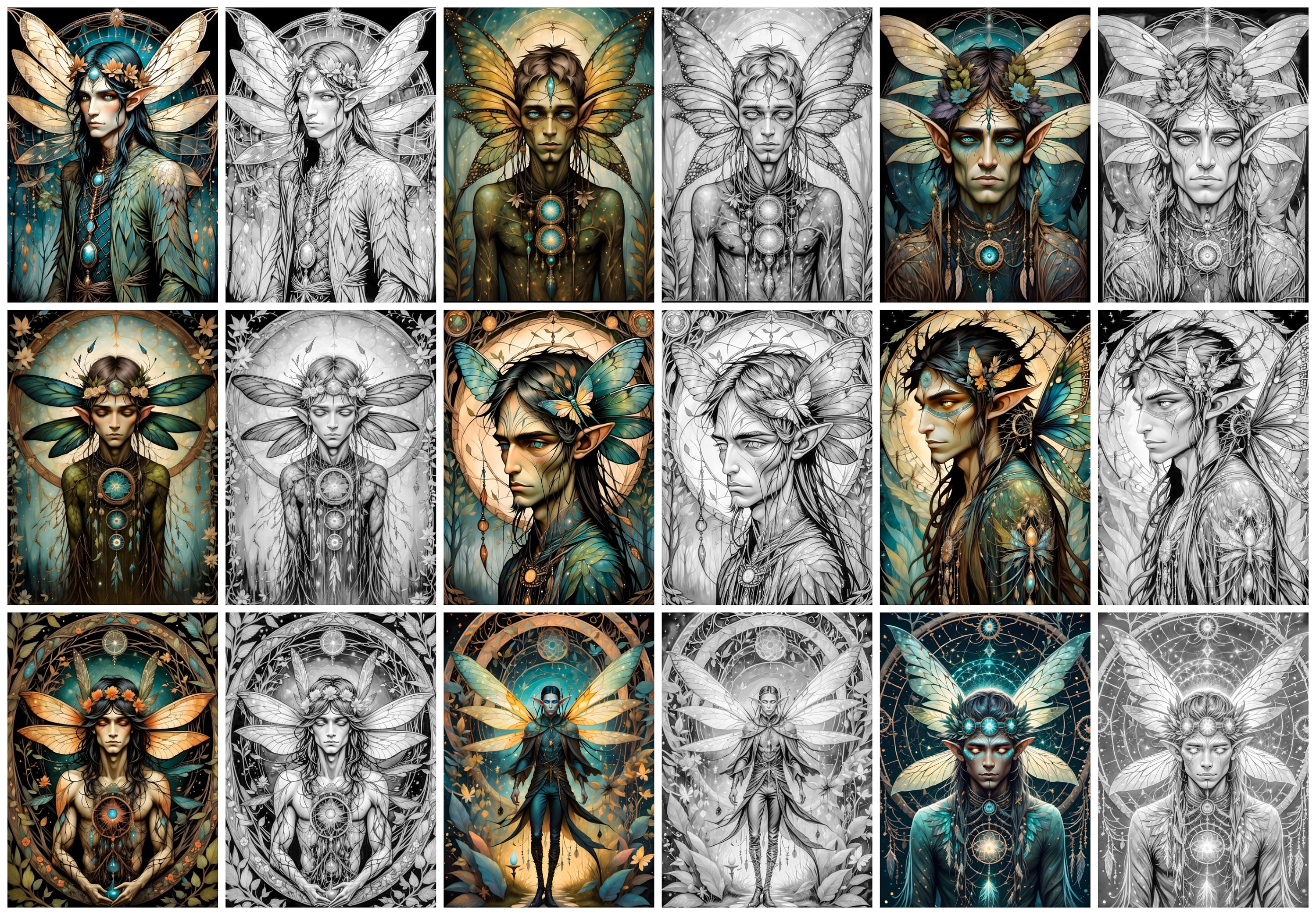 Male Sprite Coloring Book: Elven Fairy Men, Grayscale & Color (digital ...