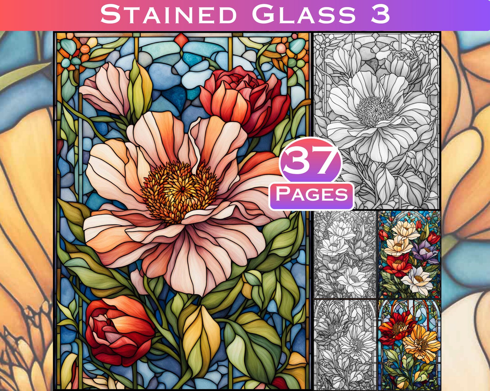 Floral Stained Glass Coloring Page: 38 Grayscale Flower Designs ...