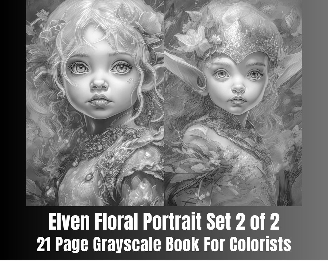 21 Elven Chidren Floral Portraits. Set 2 Beautiful Elf Coloring Pages ...