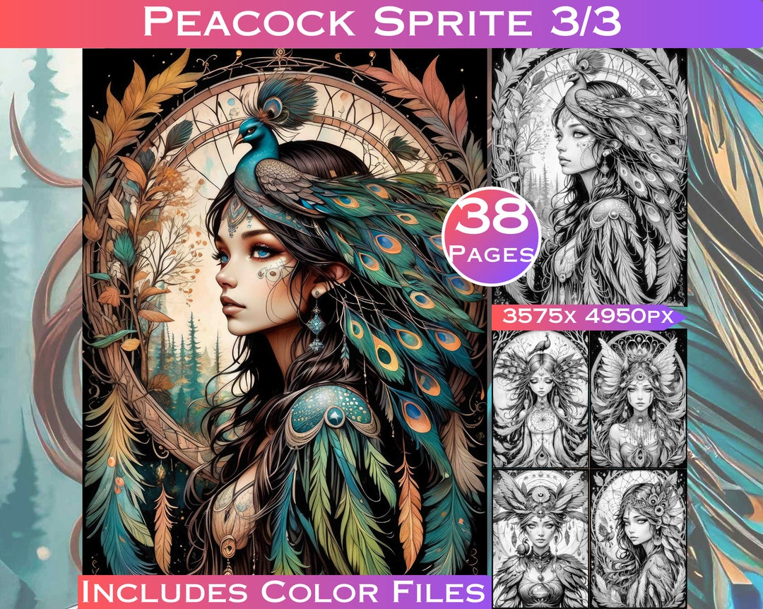 Peacock Sprite Fairy Set 3 Grayscale Coloring Fairy Coloring Book Adult ...