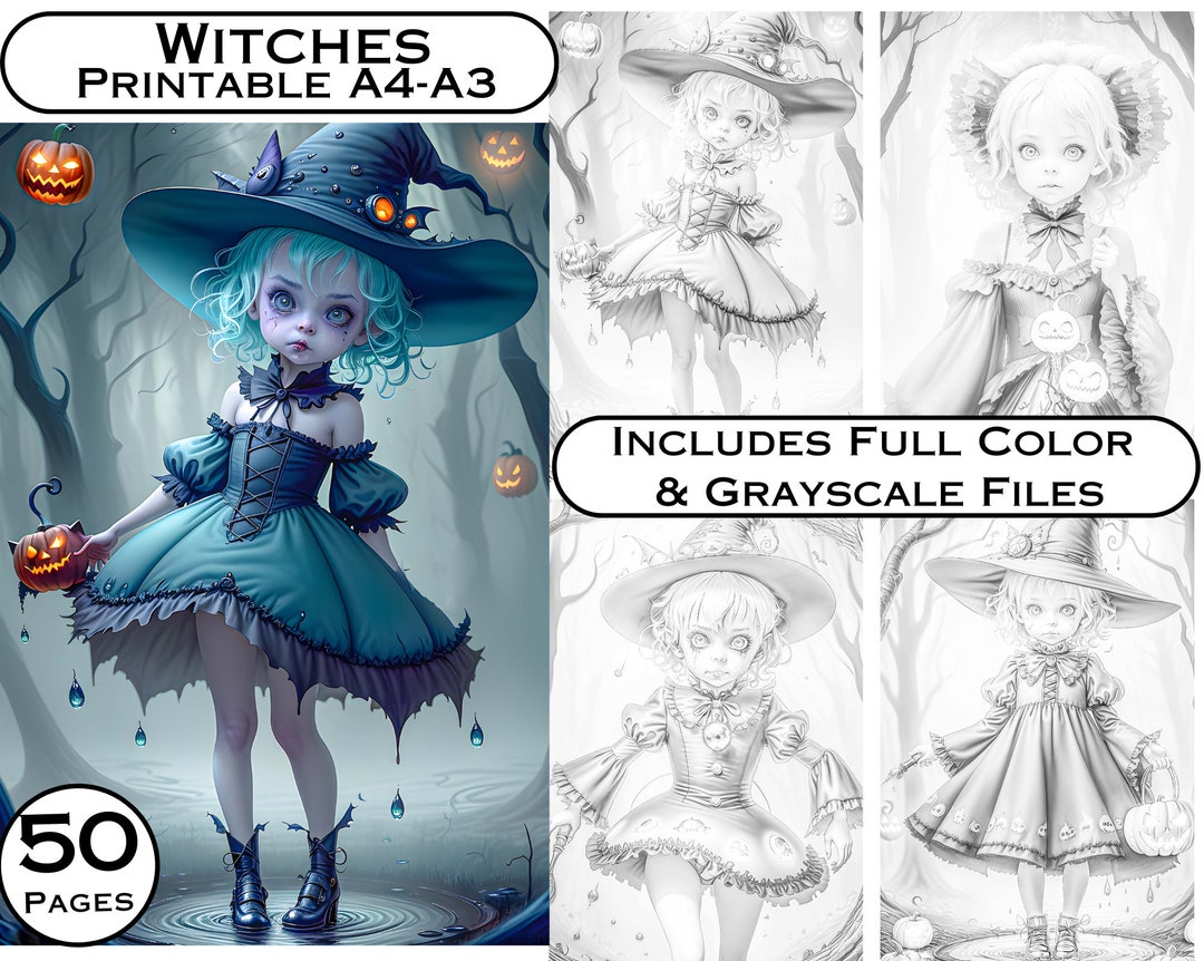 Witch Coloring Pages | Grayscale + Color Files. Printable Halloween ...