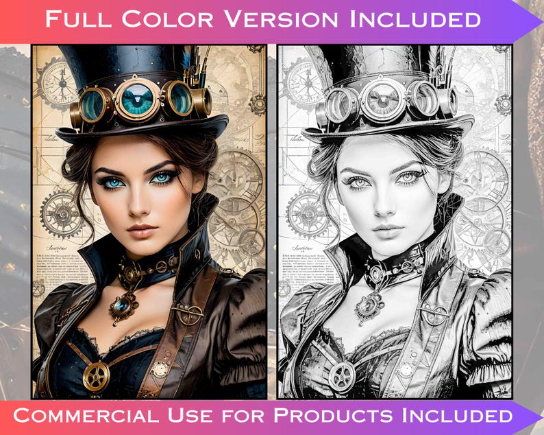 Steampunk Portrait Coloring Book: 36 Grayscale Pages for Adults ...