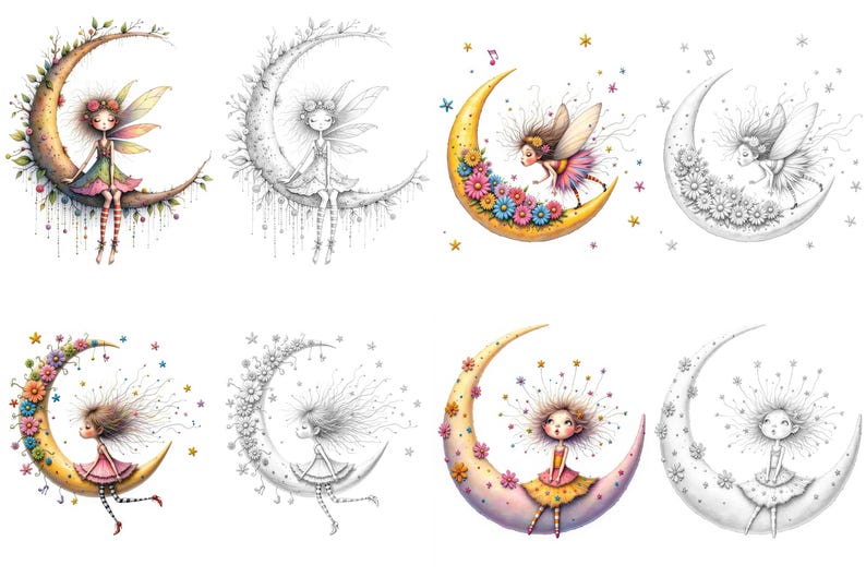 Moon Fairy Grayscale Coloring Book: Fantasy Art for Adults (digital ...