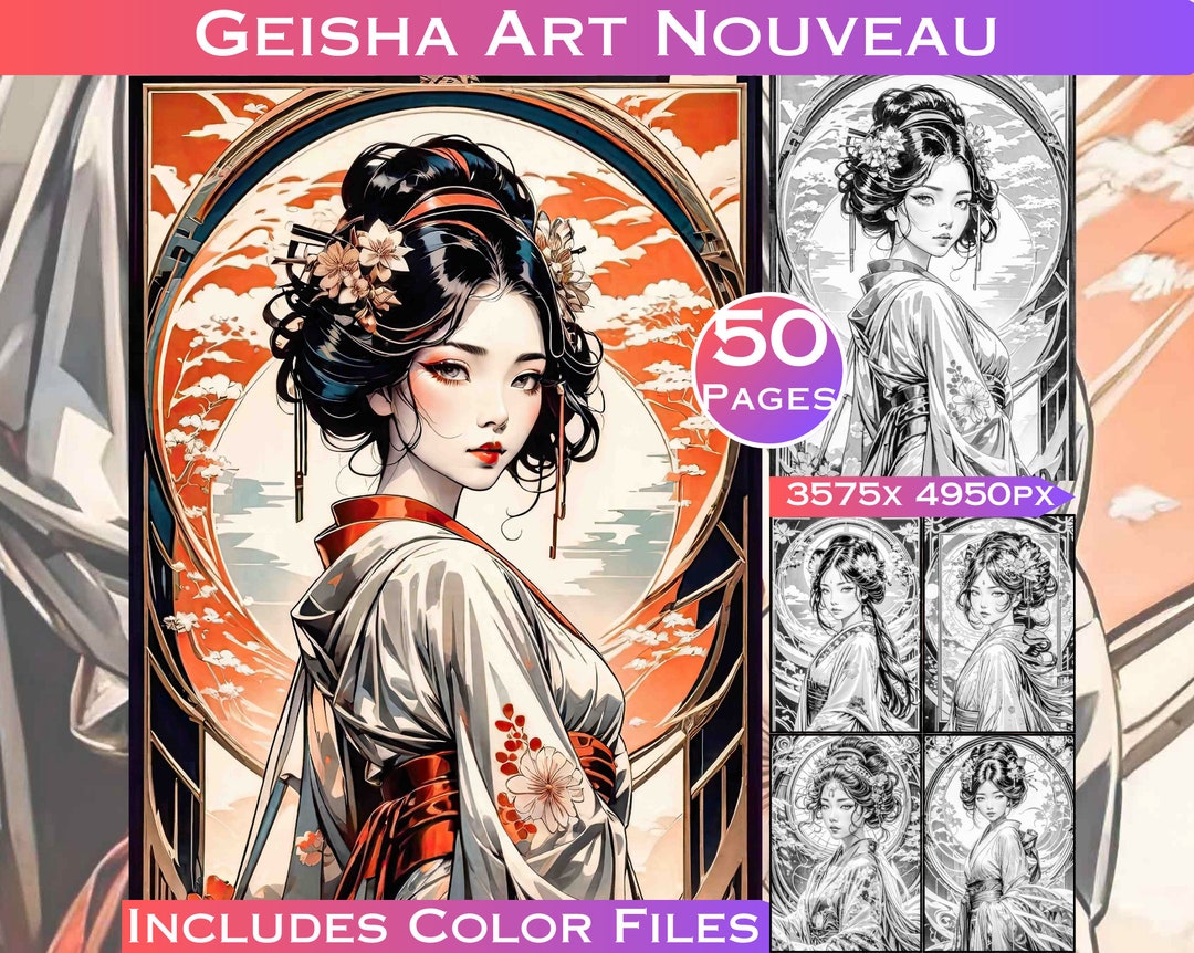 50 Art Nouveau Japanese Geisha Grayscale Digital Coloring Page Geisha ...