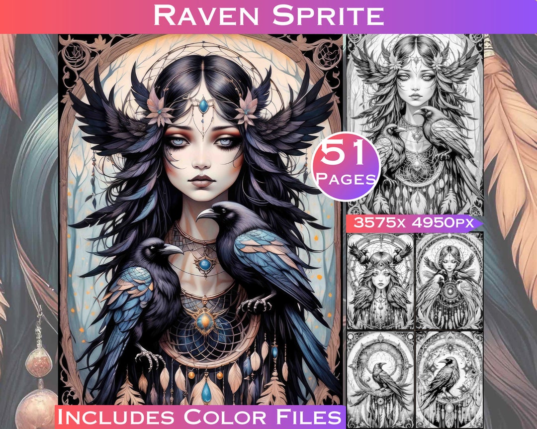 Gothic Raven Sprite Coloring Book: 51 Grayscale Pages (digital Download ...
