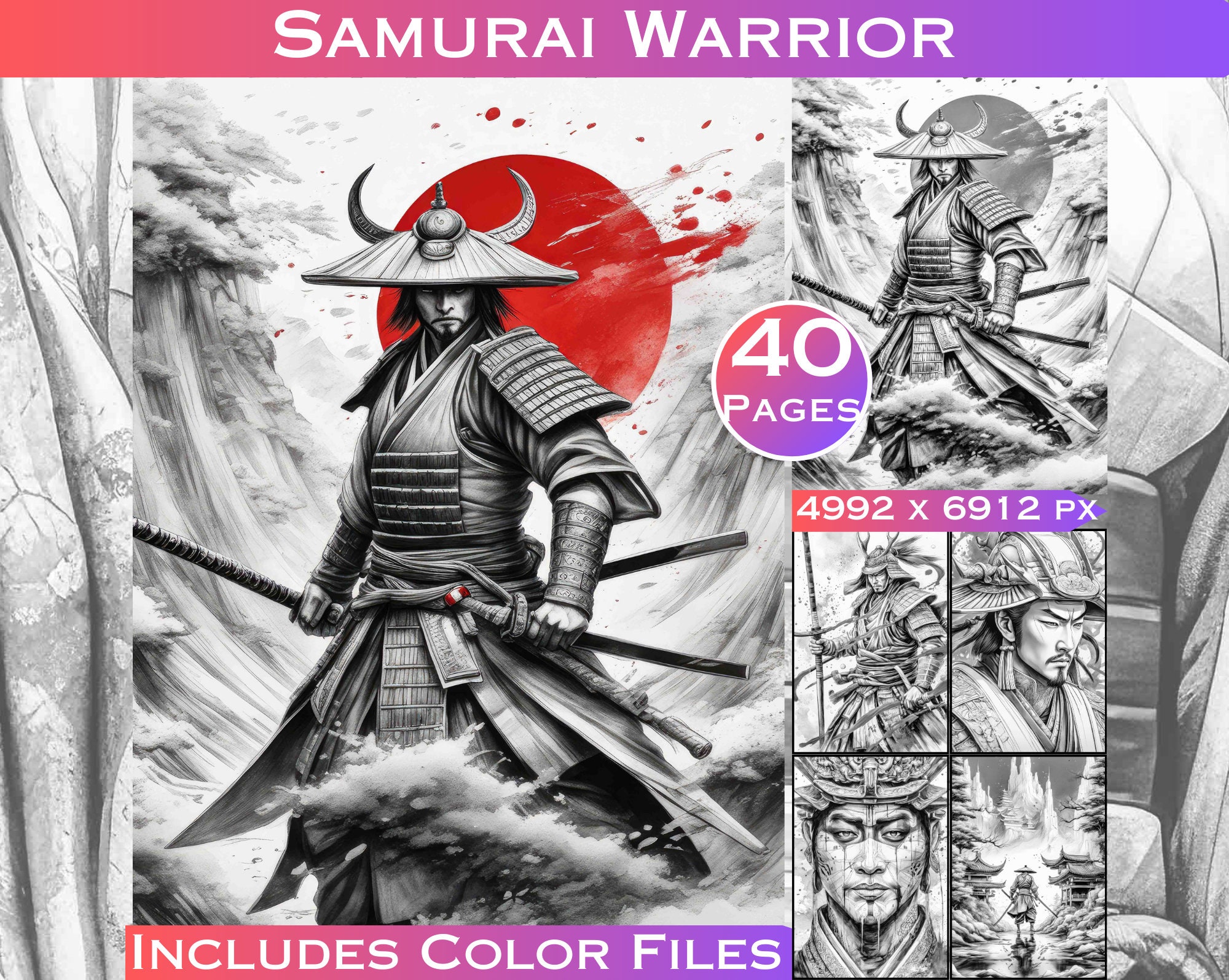 40 Samurai Warrior Grayscale Coloring Book Full Color Files - Etsy