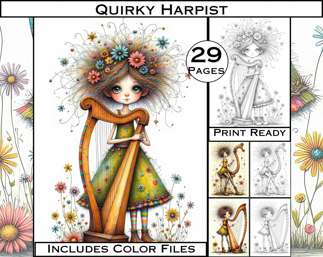 Quirky Harp Player Adult Coloring Pages: Grayscale Musician Clipart ...