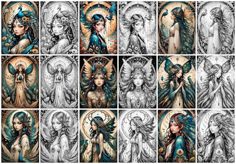 Peacock Sprite Fairy Grayscale Coloring Book: Art Nouveau Adult ...