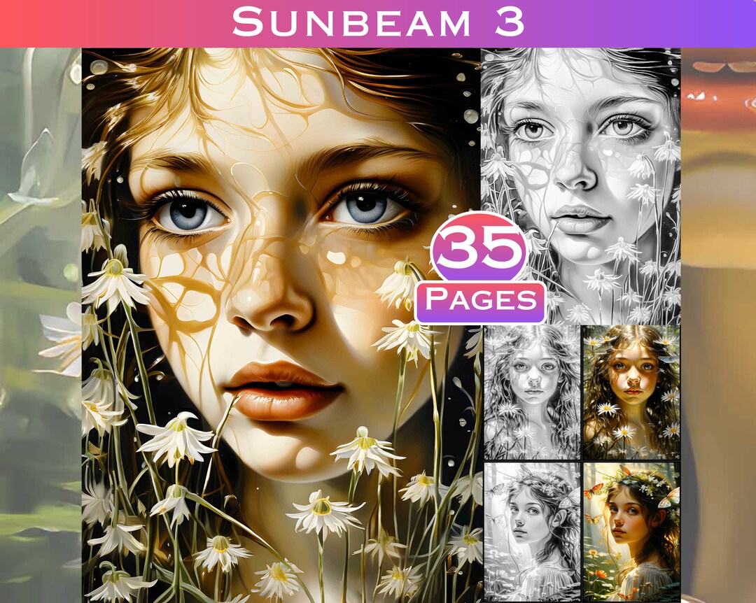 Sunbeam 3 Floral Portraits. A4/A3 Printable Coloring Page for Adults ...