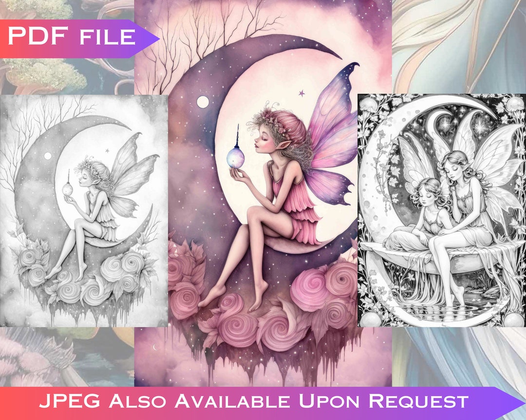 Moon Fairy Grayscale Coloring Book: 49 Fantasy Pages (digital Download ...