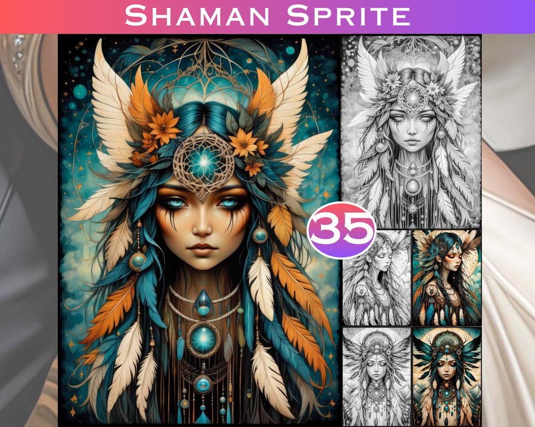 Shaman Tribal Sprite Art Collection Art Nouveau Grayscale Coloring Book ...