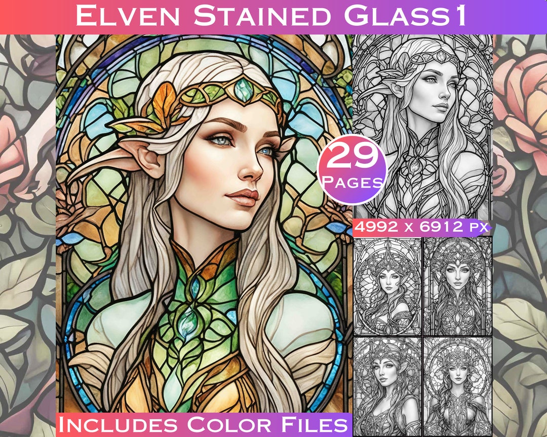 29 Stained Glass Elves Set Coloring Pages Adult Coloring Pages Set 1 of ...