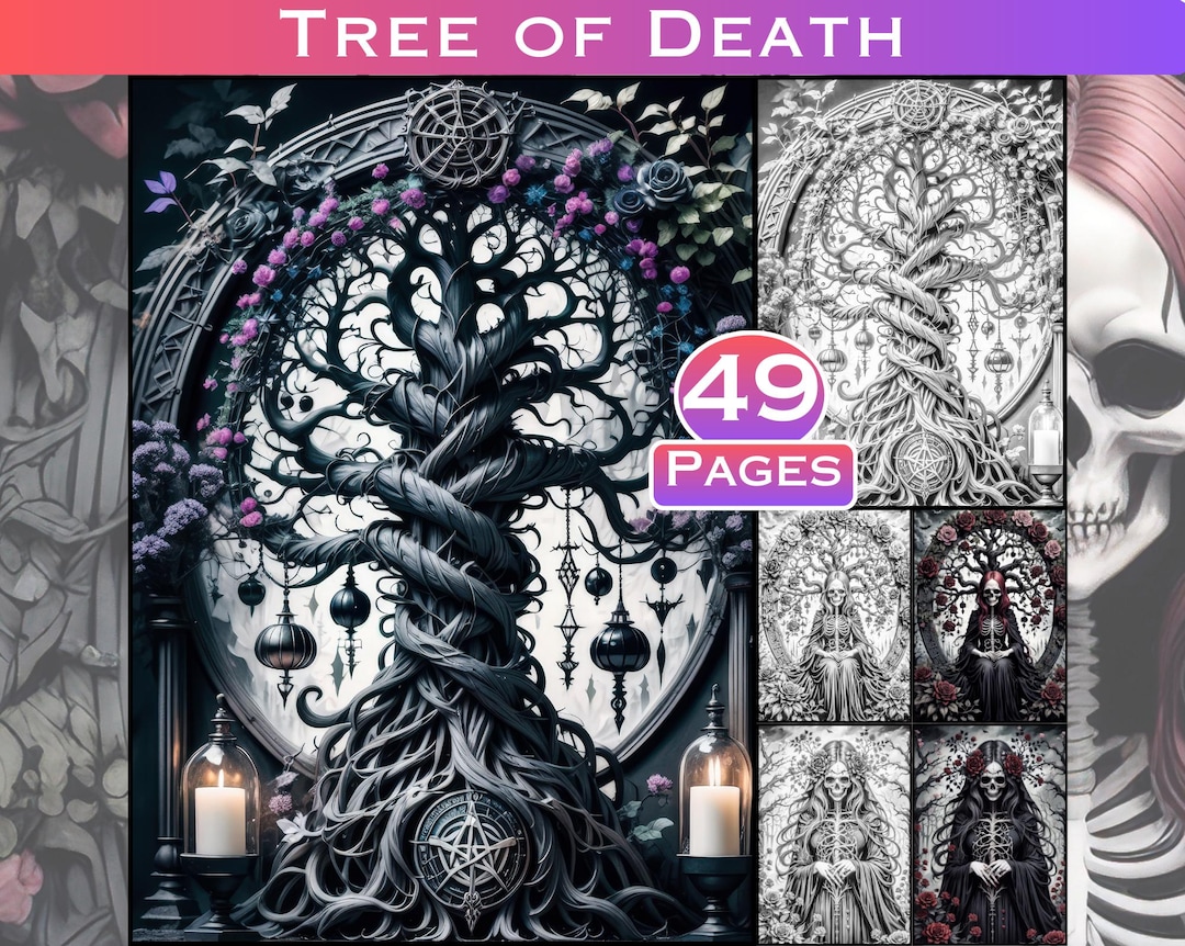 Tree of Death Coloring Book | Printable Halloween Grayscale Tree Pages ...