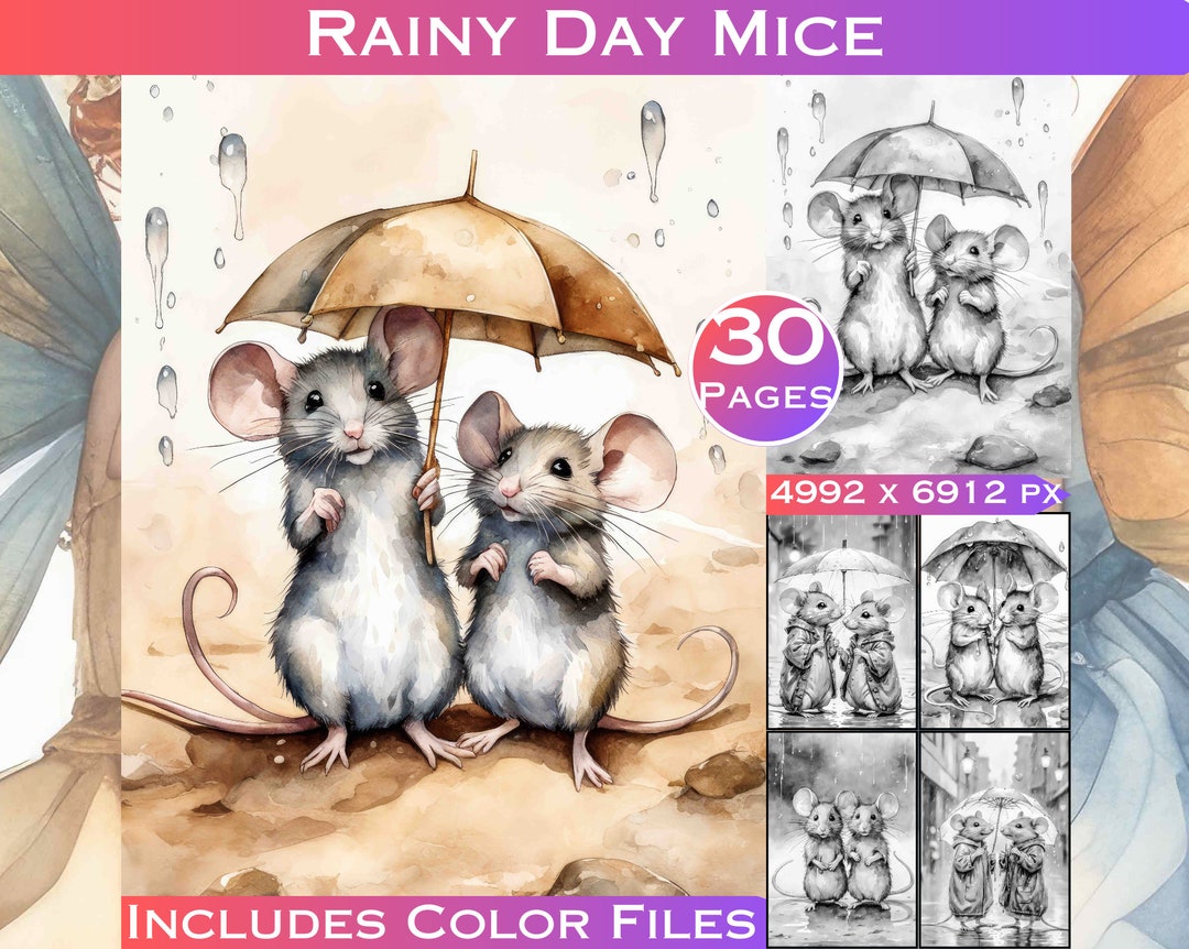 30 Rainy Day Mice With Umbrellas Grey Scale Digital Colouring Pages for ...