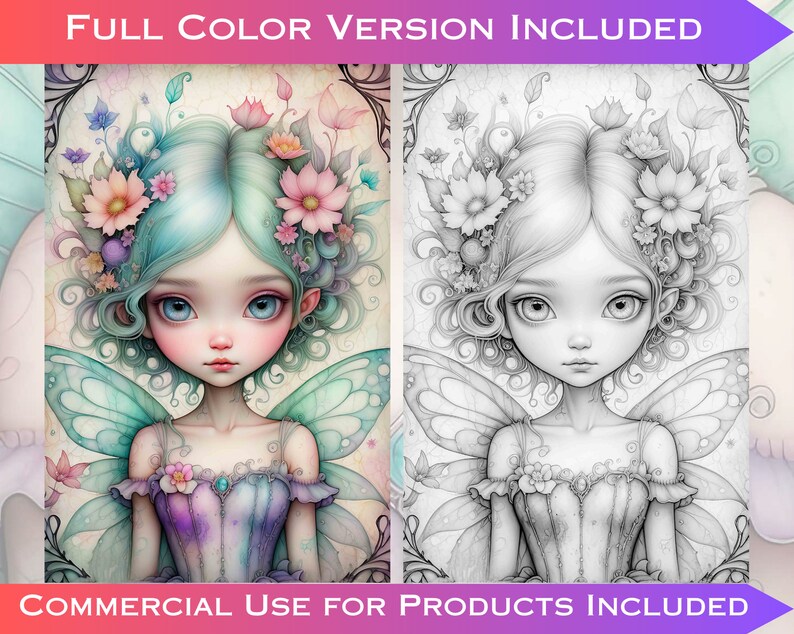 Flower Fairy Grayscale Coloring Book: 45 Fantasy Pages (digital ...