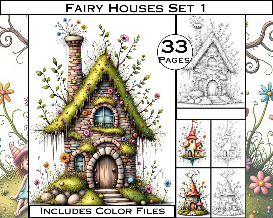 Fairy Houses Coloring Book: 33 Grayscale Illustrations (downloadable ...