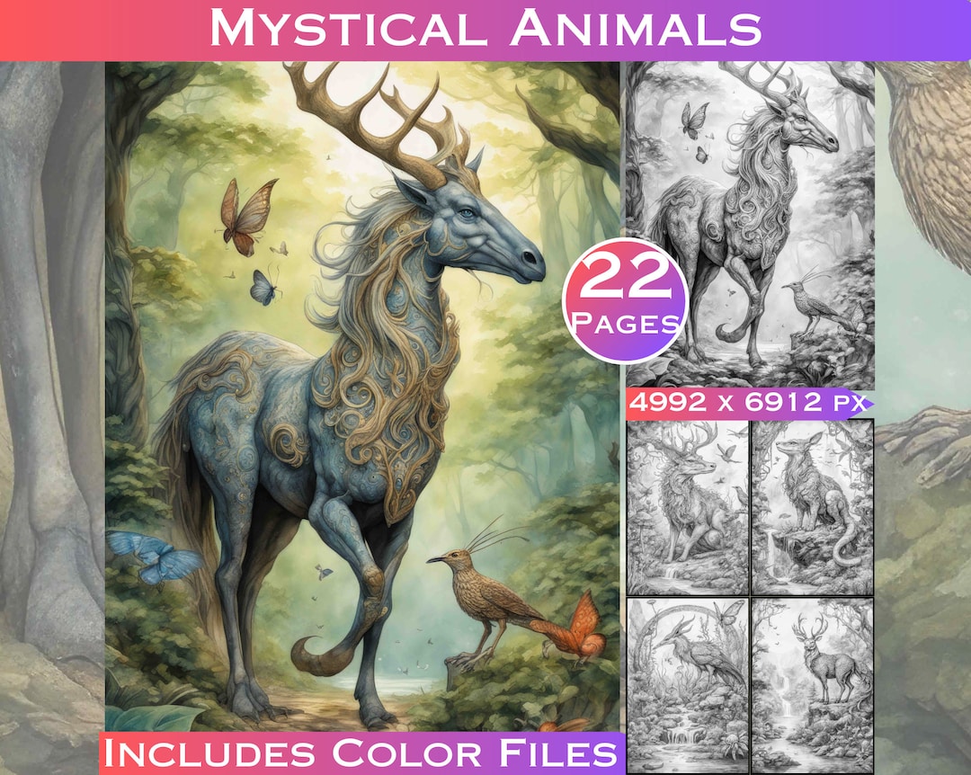 Mystical Animals Grayscale Coloring Book: Fantasy Adult Coloring Pages ...
