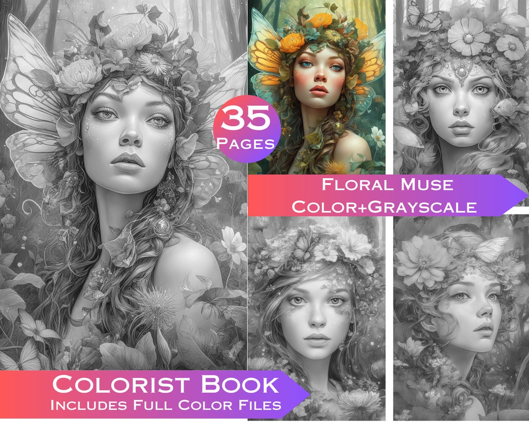 35 Flower Muse Portrait Grayscale Coloring Pages Adult Coloring Pages ...