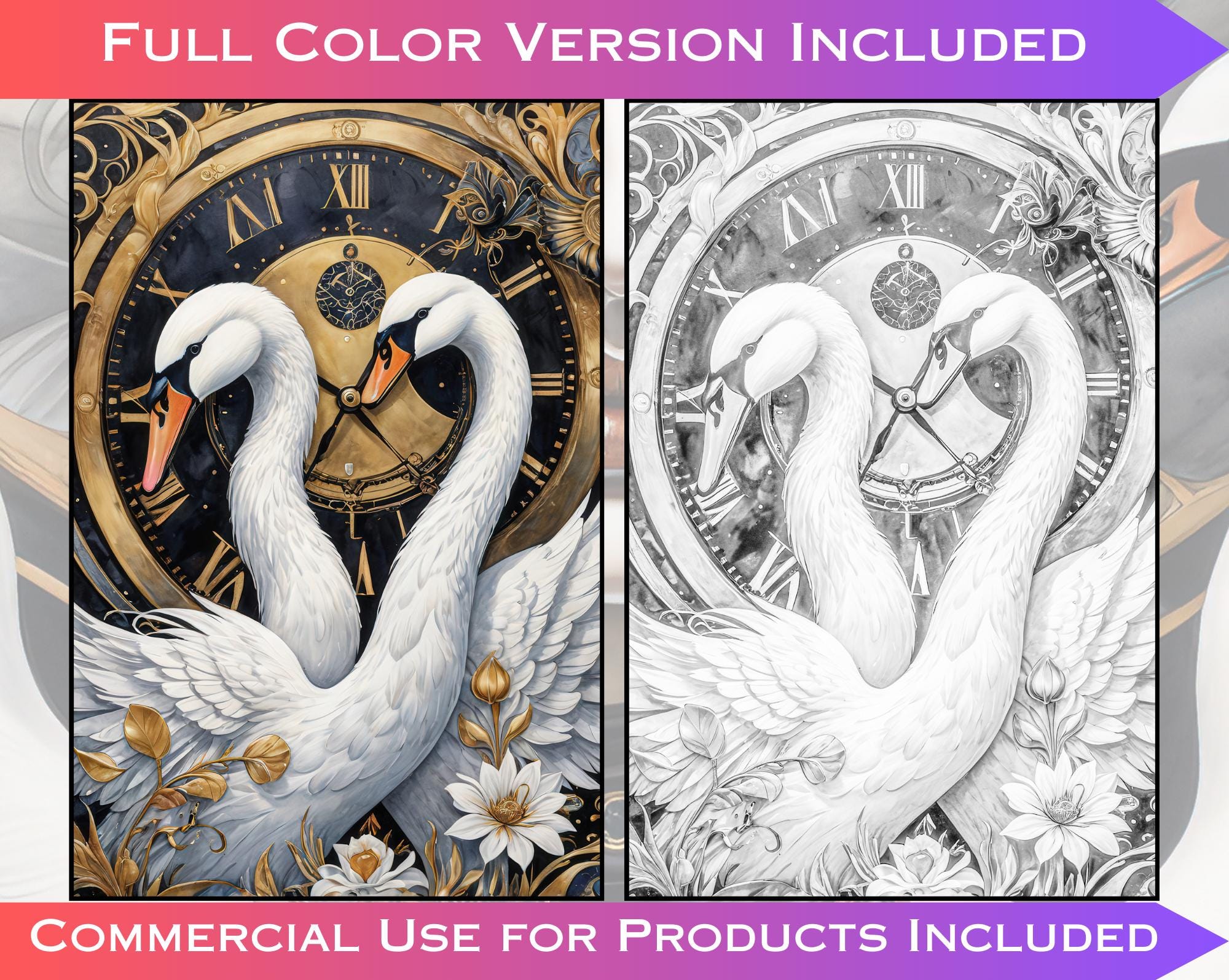 Steampunk Swan Grayscale Coloring Book: Art Nouveau Fusion (PDF) - Etsy