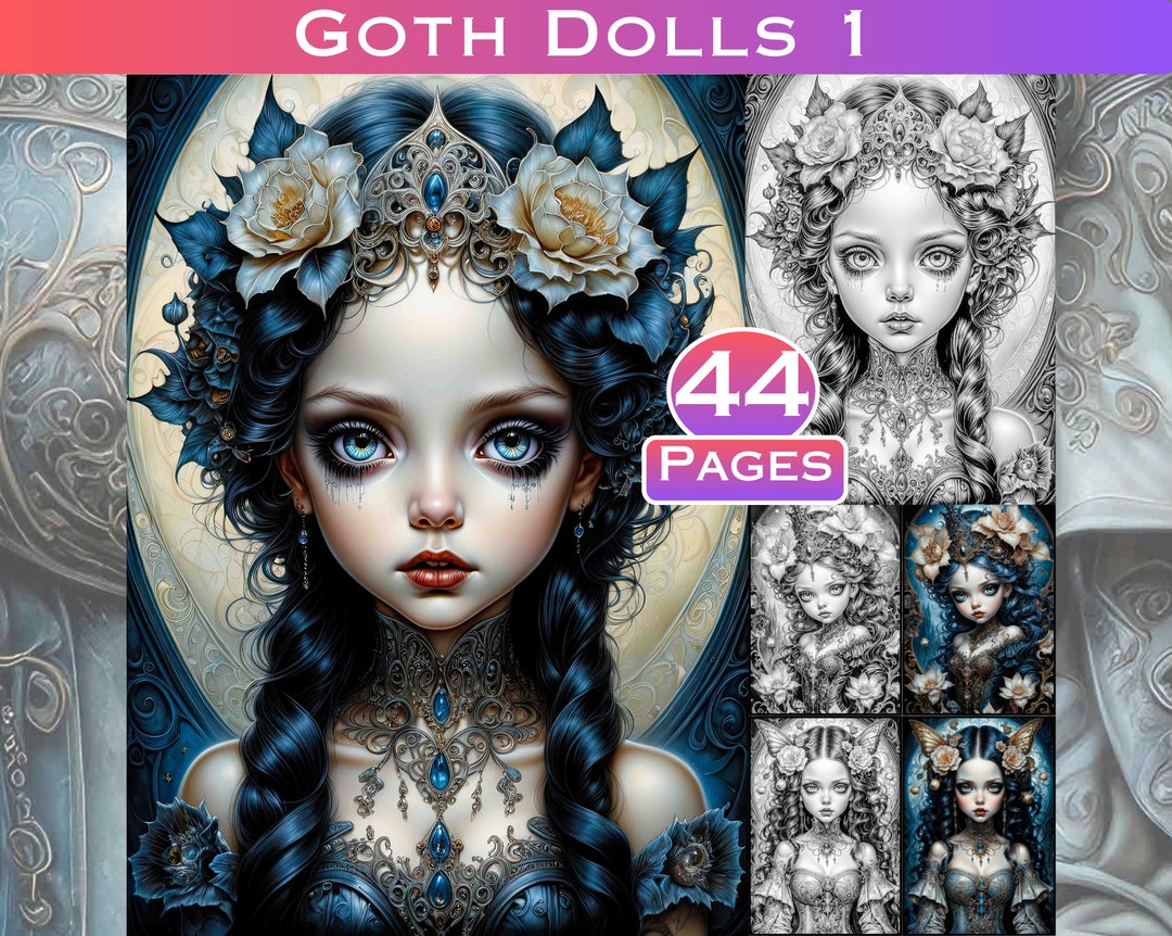 Gothic Dolls Coloring Book: 44 Grayscale Pages for Adults (digital ...