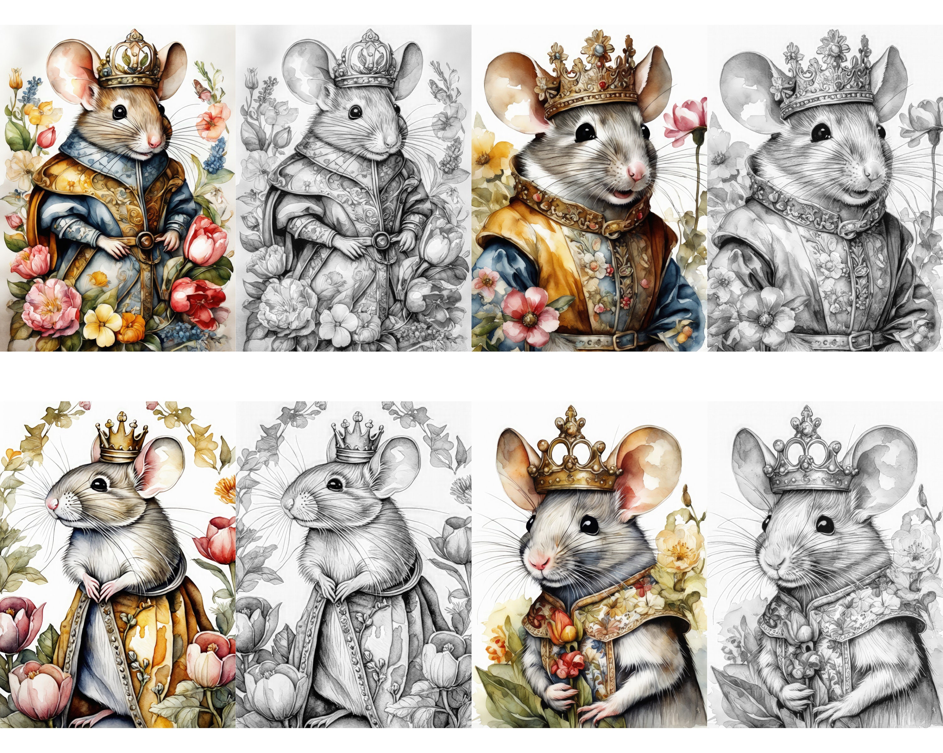 35 Enchanting Royal Mouse Coloring Book Grayscale Pages - Etsy