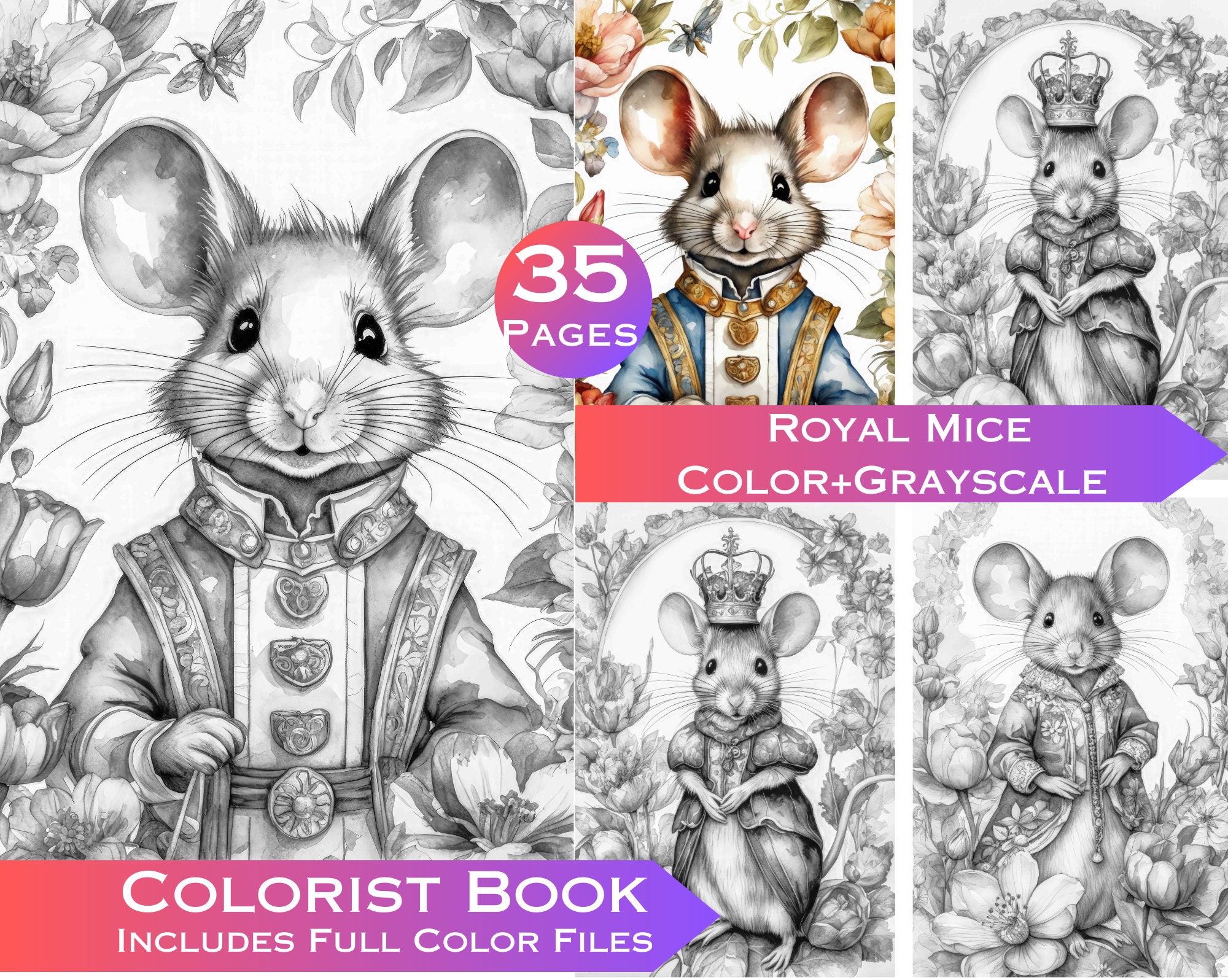 35 Enchanting Royal Mouse Coloring Book Grayscale Pages - Etsy