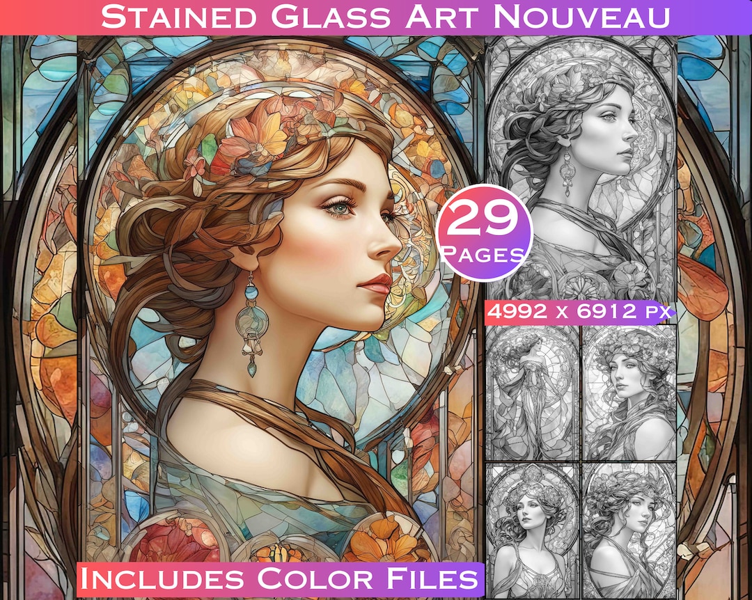 Alphonse Mucha Stained Glass Coloring Book: Art Nouveau Portraits ...